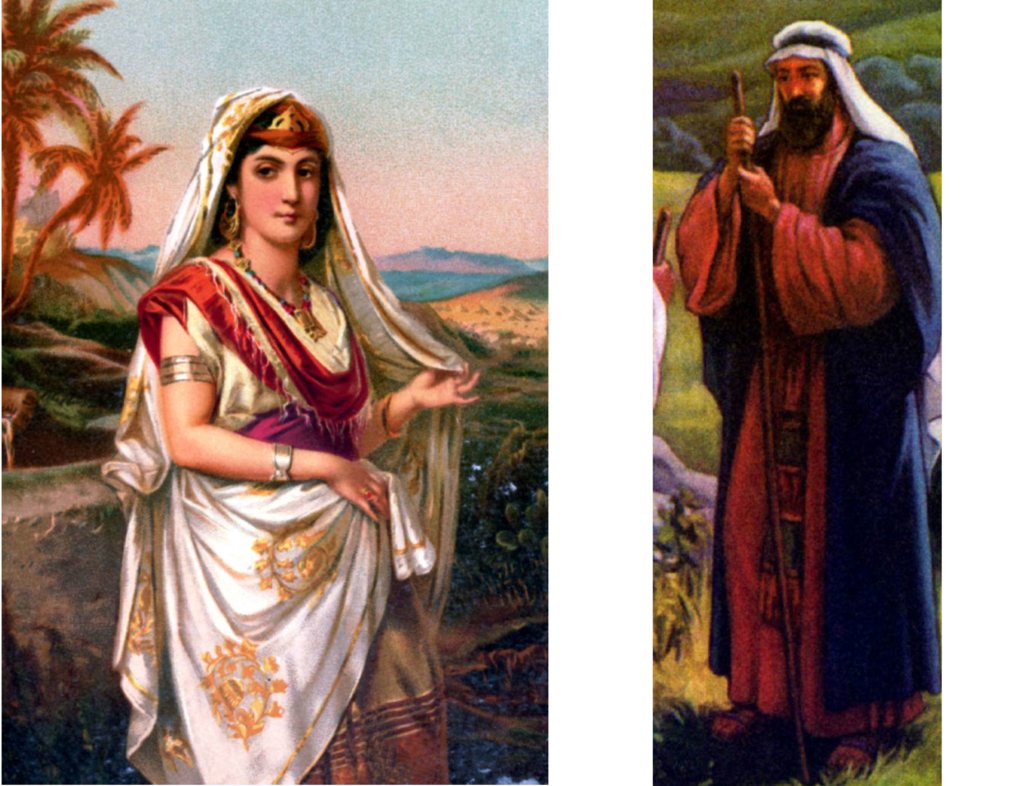 Two figures in traditional Middle Eastern attire, a woman and a man, in ...